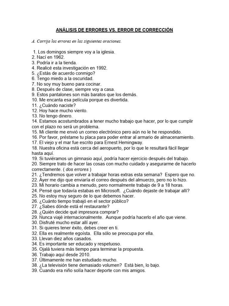 A. Corrija Los Errores en Las Siguientes Oraciones: Análisis de Errores ...