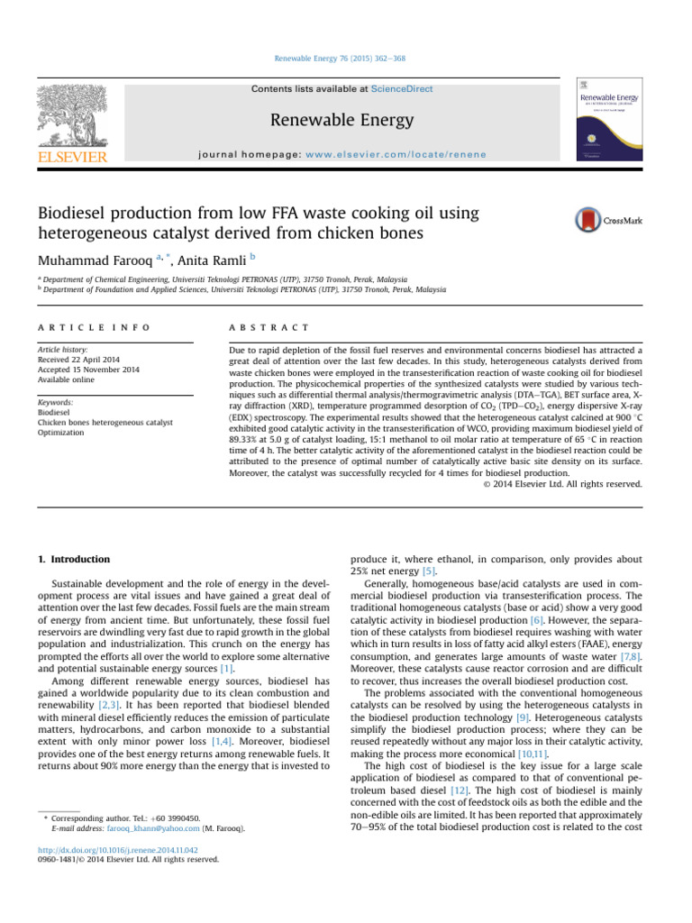 Biodiesel Production From Low FFA Waste Cooking Oil Using Catalyst ...