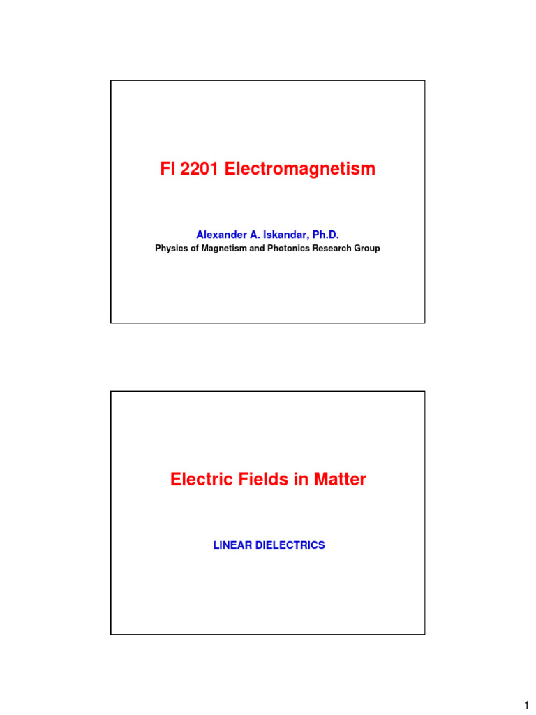 Handout Lecture12 Electric Fields in Matter Linear Dielectrics | PDF | Dielectric | Dipole