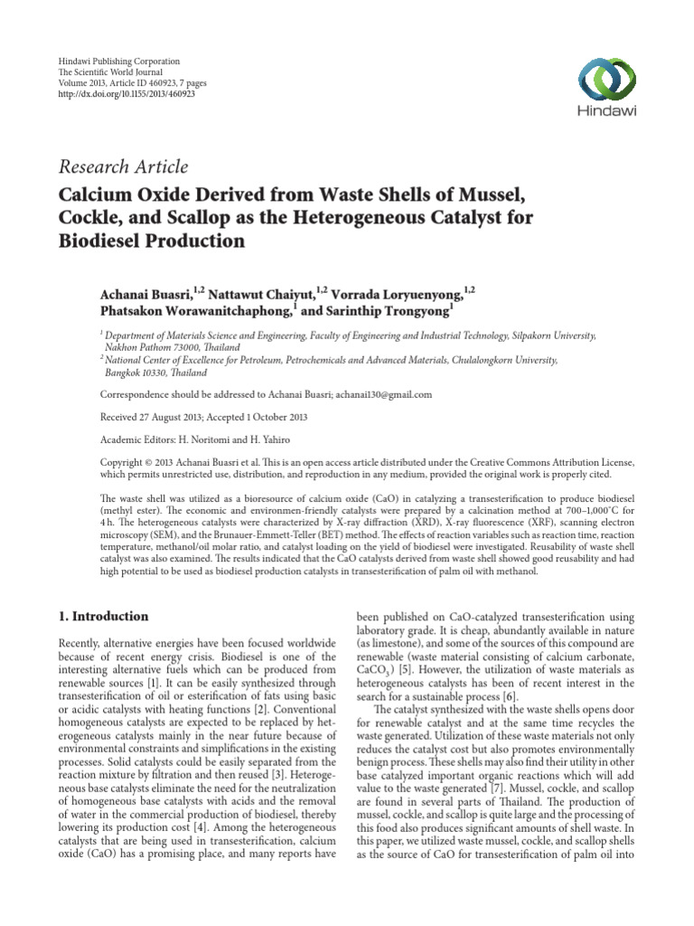 Calcium Oxide Derived From Waste Shells of Mussel | PDF | Catalysis ...