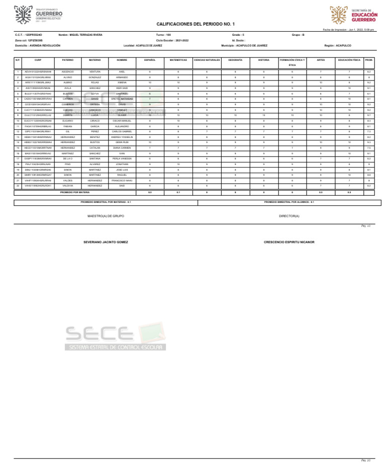 5B Calificaciones de Primer Trimestre. | PDF