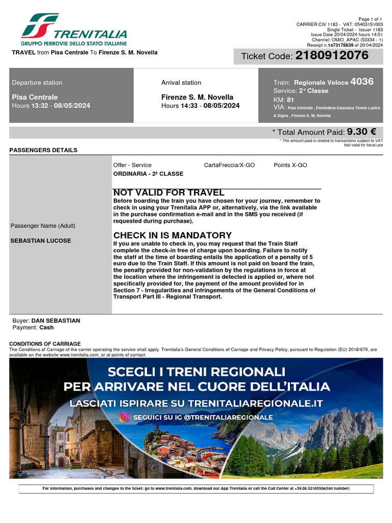 Pisa Centrale To Florence Train | PDF | Value Added Tax