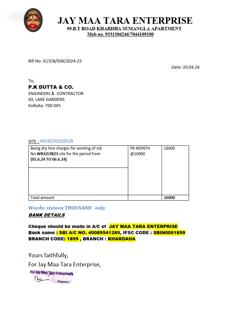 JCB Dry Hire Invoice for P.K Dutta & Co. | PDF