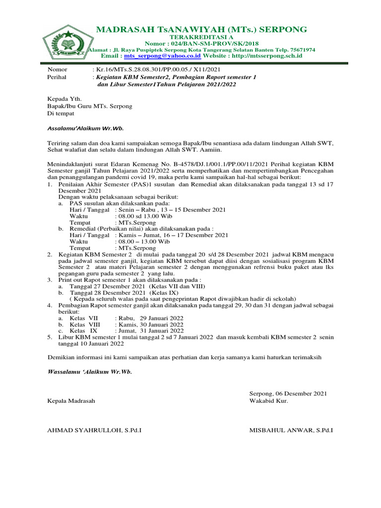 Kegiatan KBM dan Pembagian Raport MTs Serpong | PDF