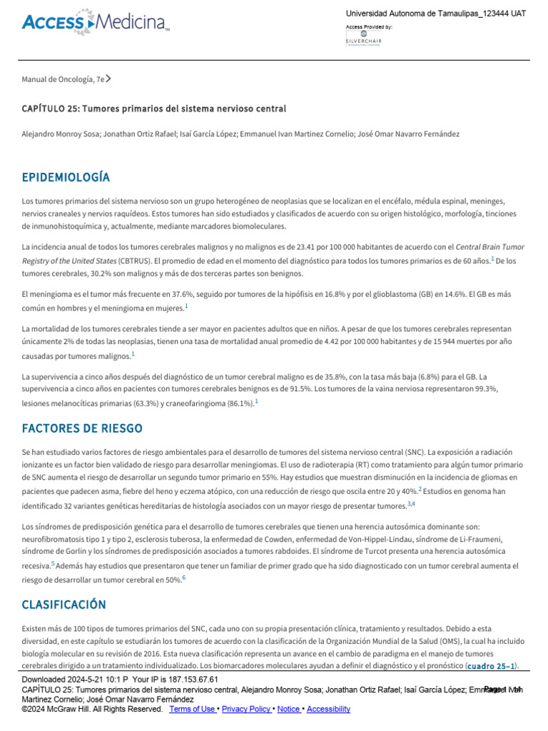 CAPÍTULO 25 - Tumores Primarios Del Sistema Nervioso Central | PDF | Tumor cerebral | Glioma