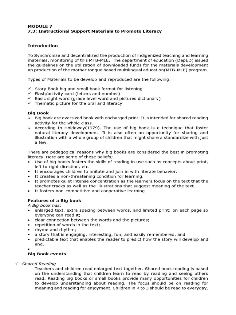 7.3 Instructional Support Materials To Promote Literacy | PDF | Reading ...