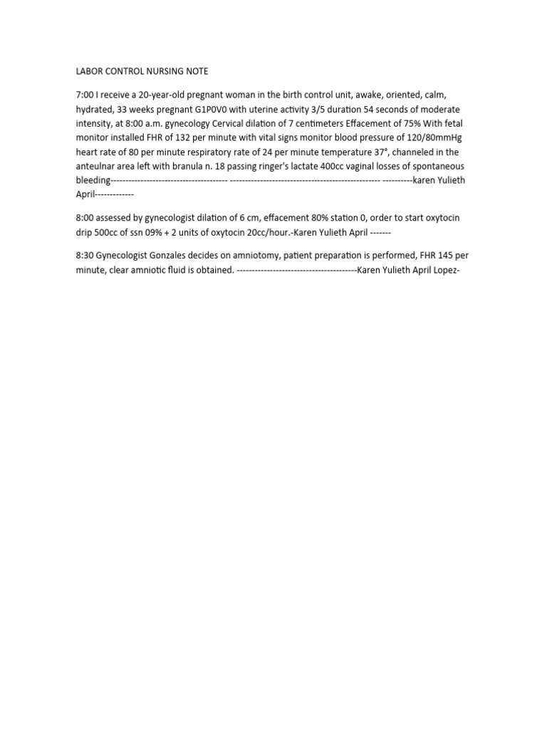Labor Control Nursing Note | PDF | Childbirth | Mammalian Pregnancy