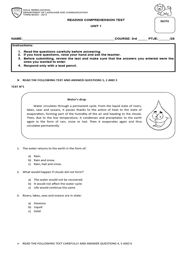 Reading Comprehension Test | PDF | Water | Water Cycle