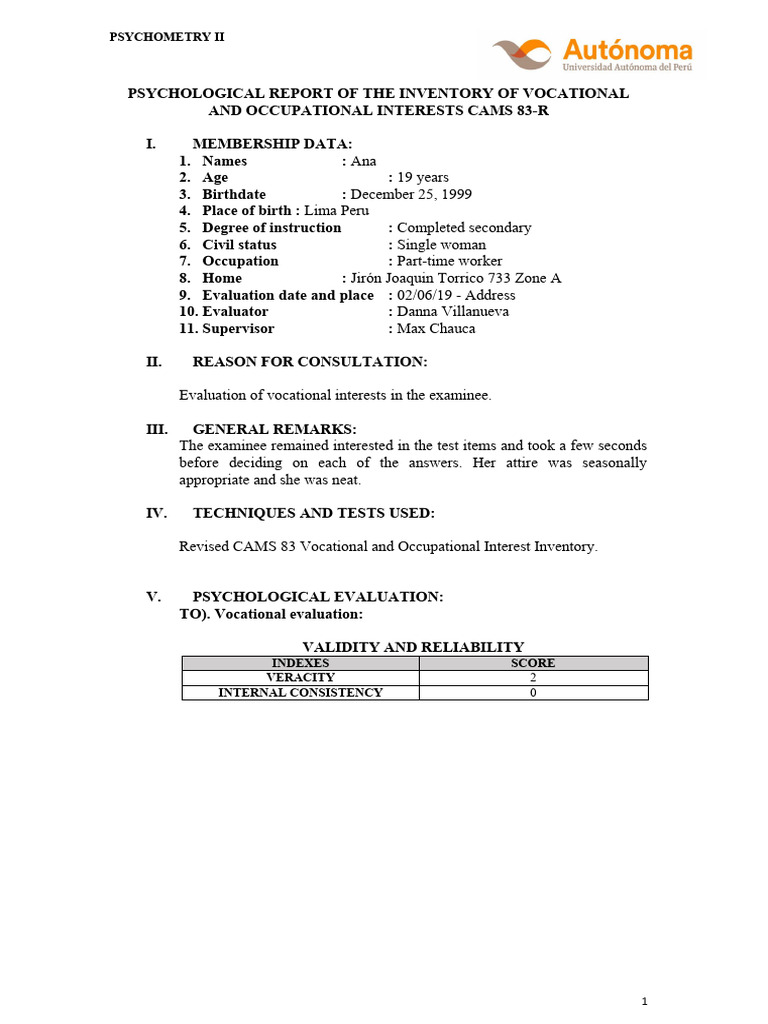 Psychological Report On Vocational and Occupational Interests Casm 83 ...