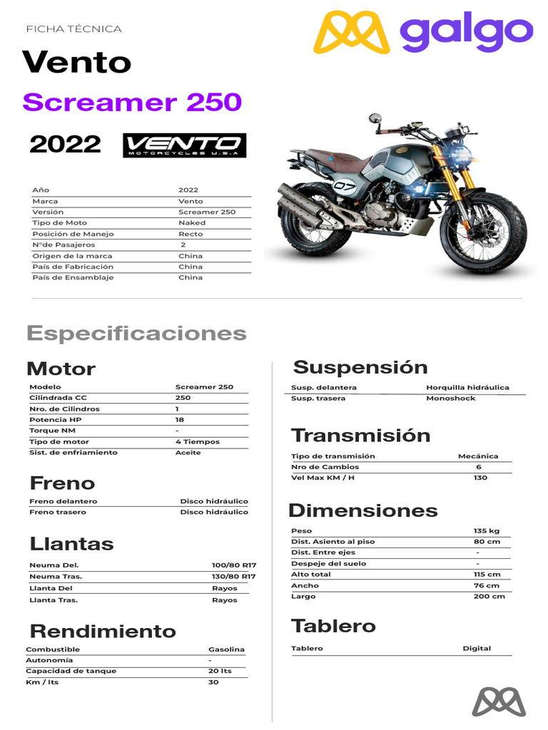 Ficha T Cnica Screamer 250 2022 Galgo | PDF
