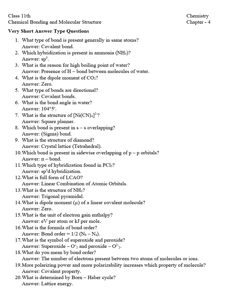 Key Questions on Chemical Bonding Class 11 | PDF | Chemical Bond ...