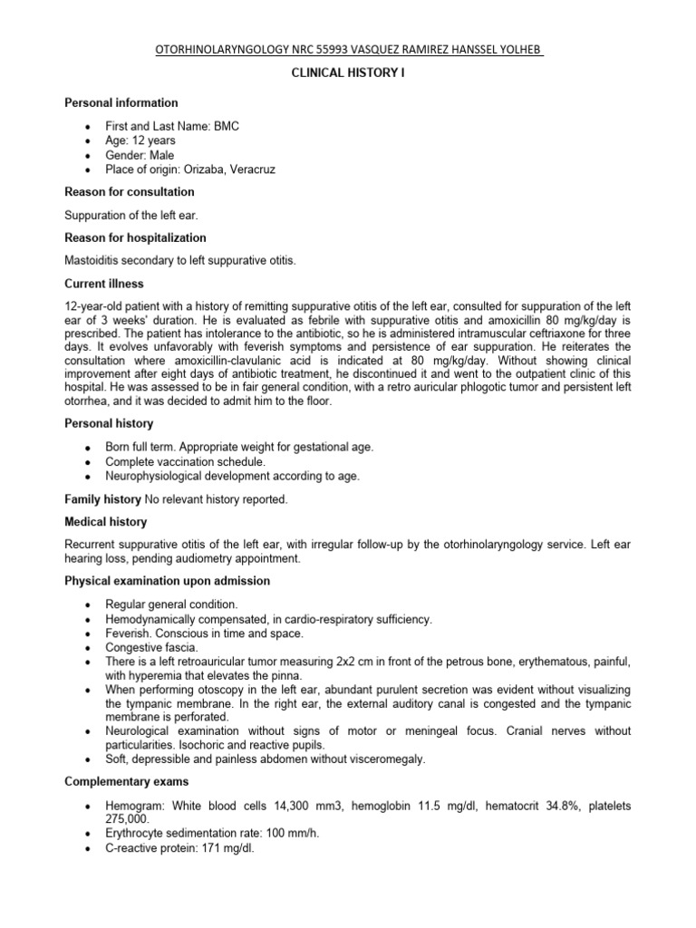 ENT Clinical History | PDF | Vertigo | Ear
