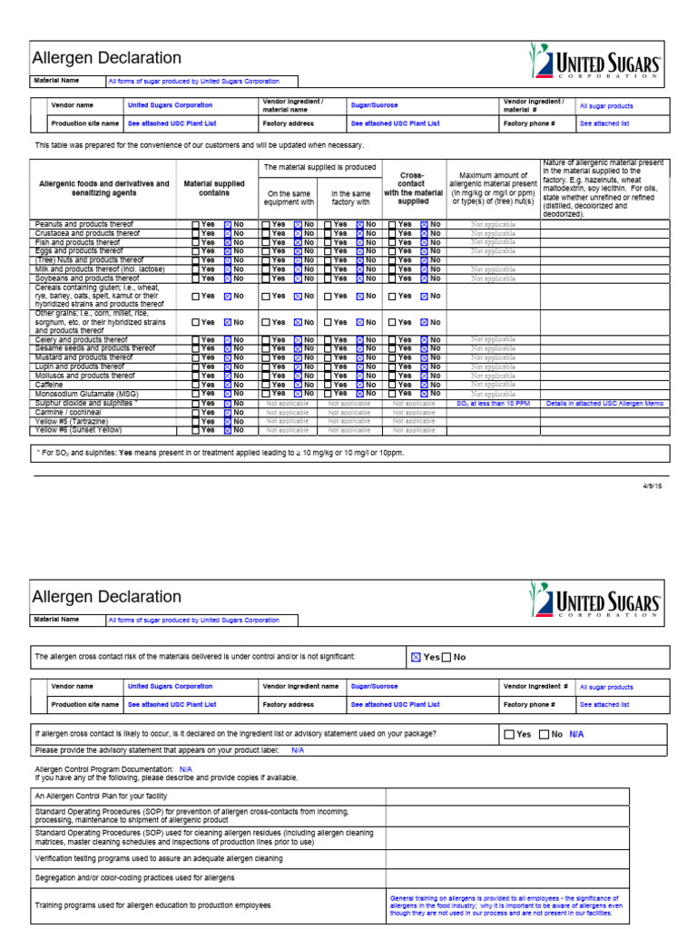 USC Allergen Declaration | PDF | Cereals | Food Industry