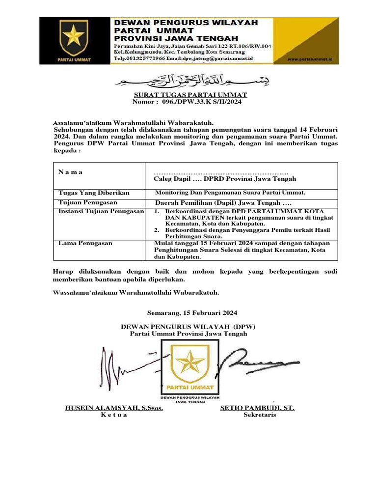 Surat Tugas DPW PARTAI UMMAT JATENG Monitorong Suara-15Feb 2024 | PDF