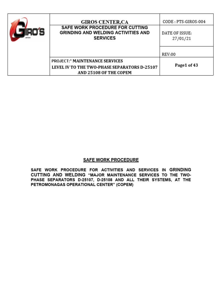 Safe Work Procedure Cutting, Grinding and Welding | PDF | Occupational ...