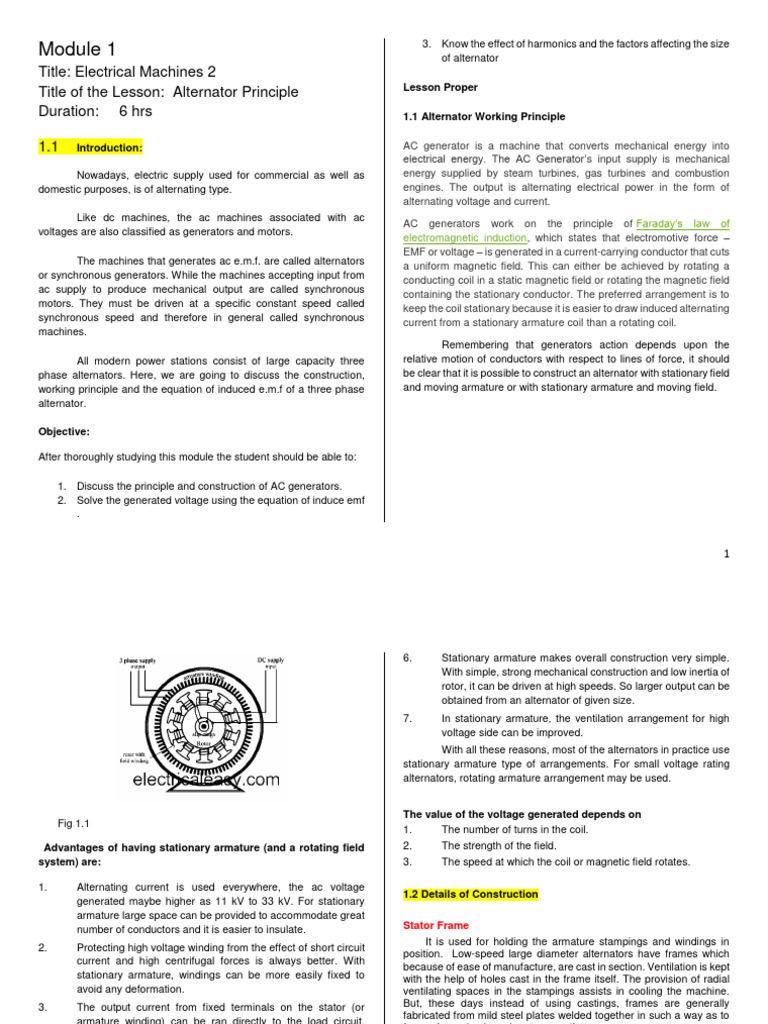 Module 1 Alternator Principle 1 Pdf Electric Generator Electric Motor