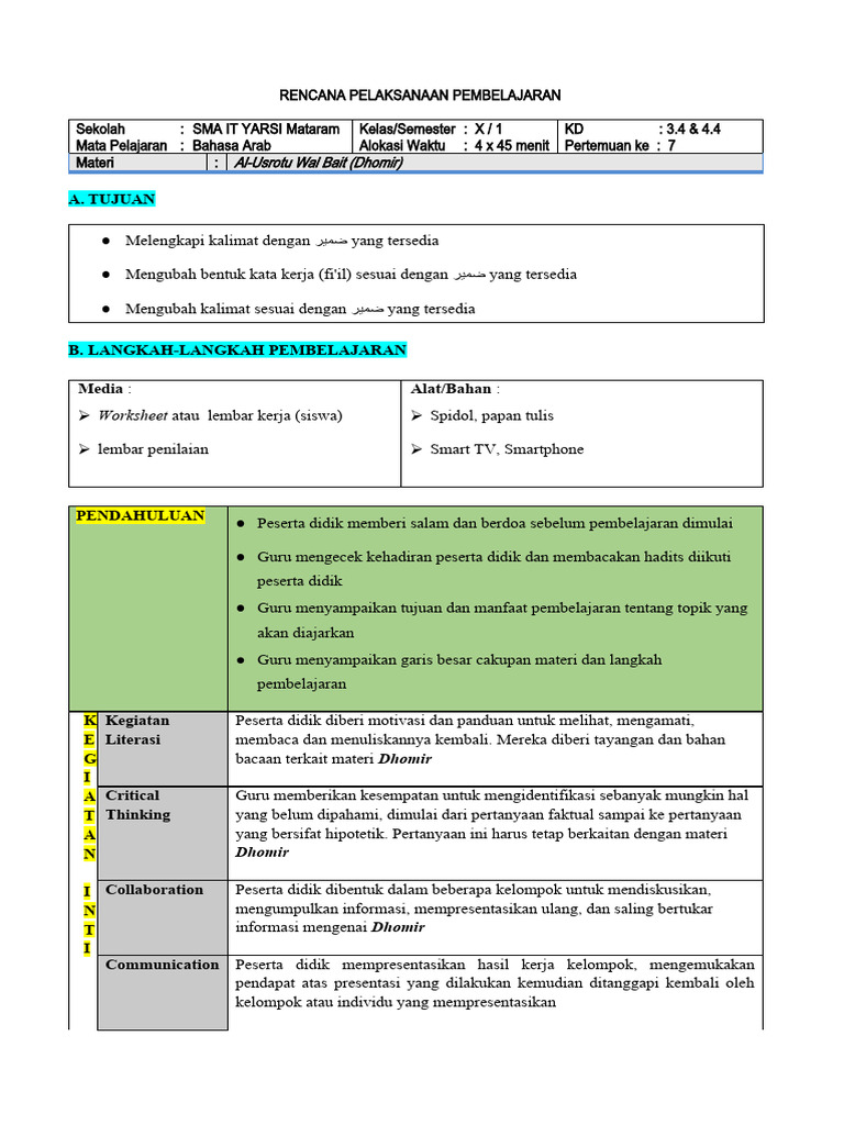 Contoh RPP Satu Lembar Bahasa Arab X | PDF