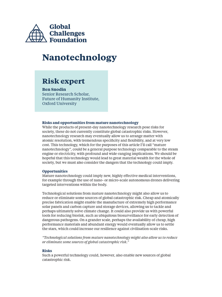 Nanotechnology Overview Extract From Global Catastrophic Risk Report 2021 | PDF | Nanotechnology ...