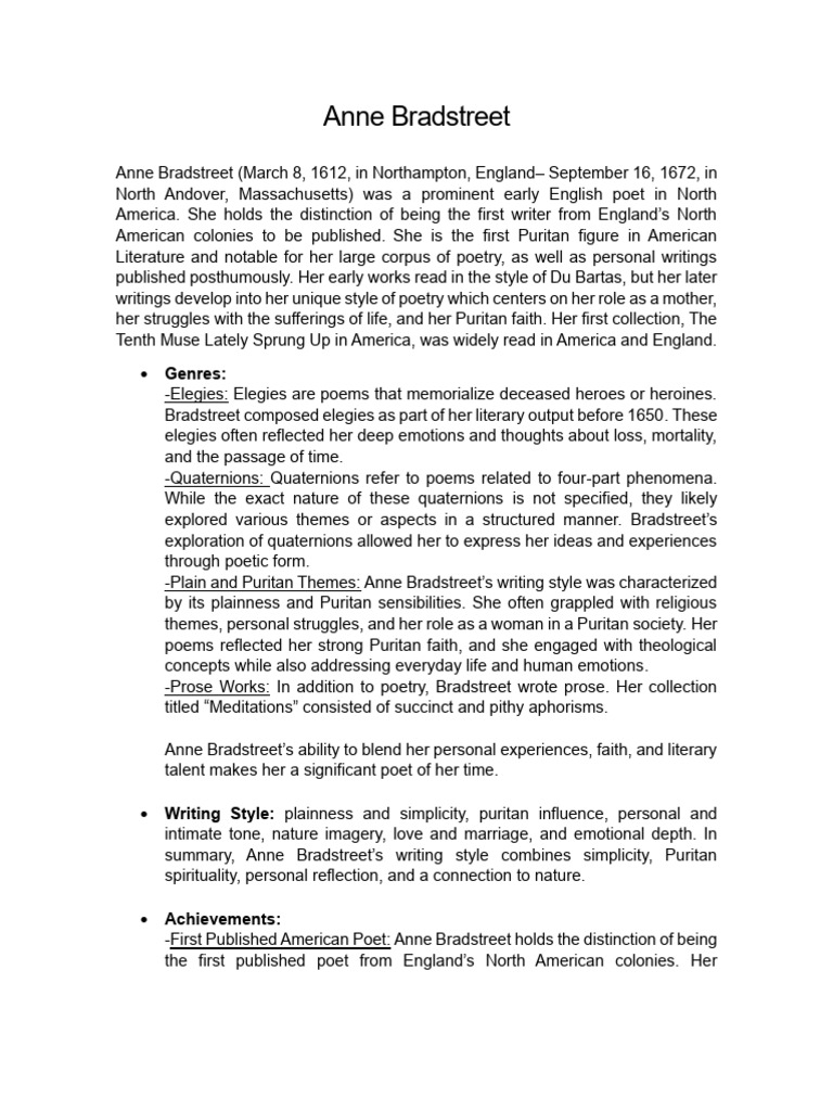 Anne Bradstreet Bio | PDF | Poetry