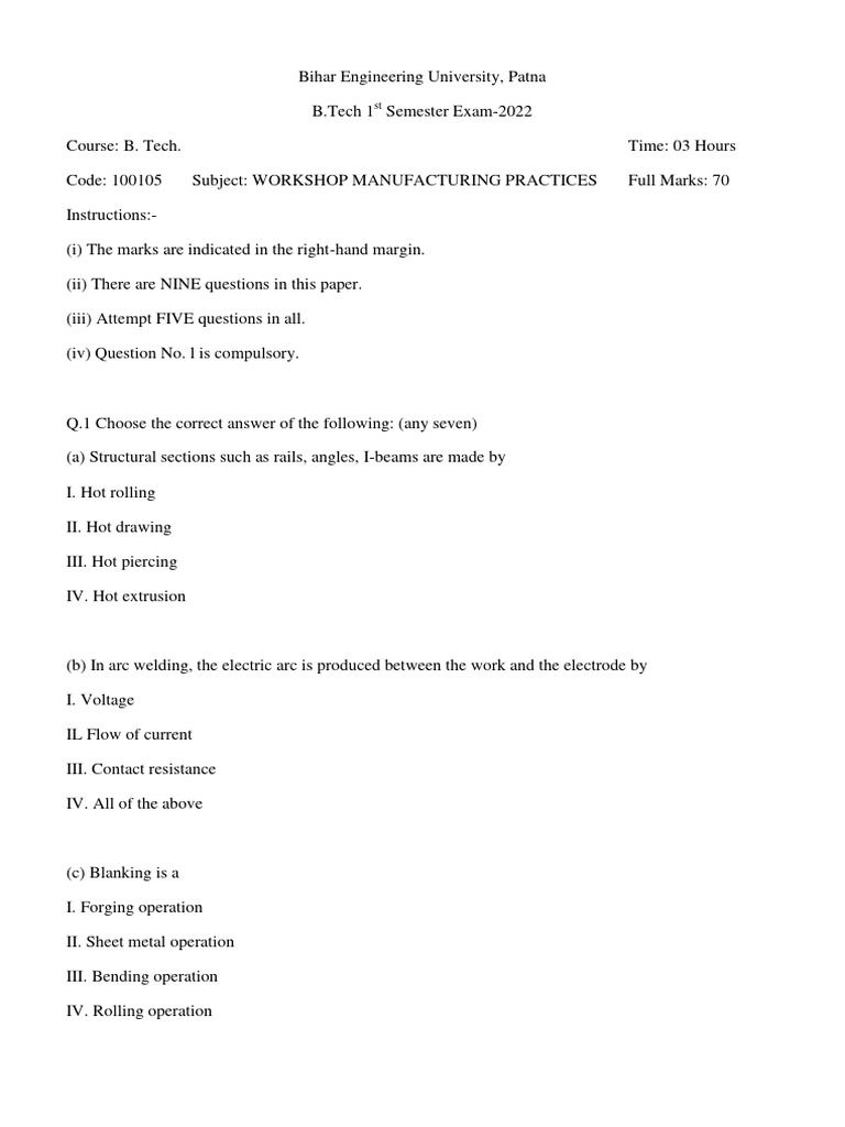 Btech 1 Sem Workshop Manufacturing Practices 100105 2022 | PDF | Welding | Construction