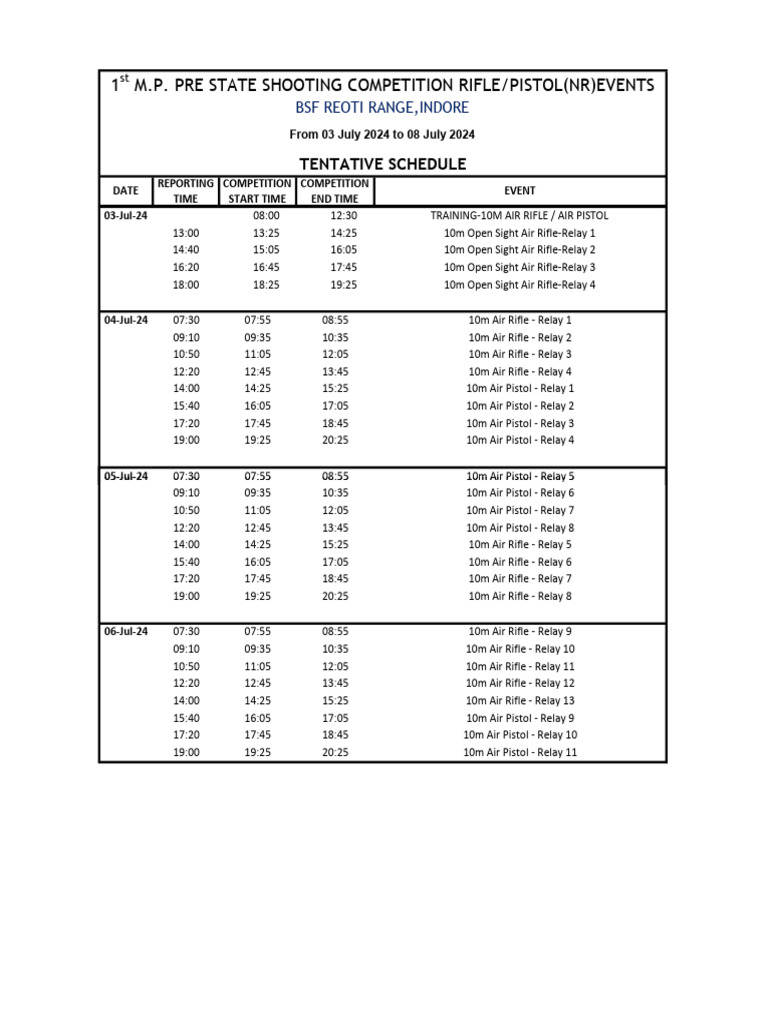 1st M.P Pre State Competition Tentative Schedule | PDF | Handgun ...