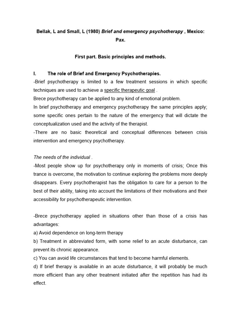 Bellak, Small Brief Psychotherapy | PDF | Psychotherapy | Psychological ...