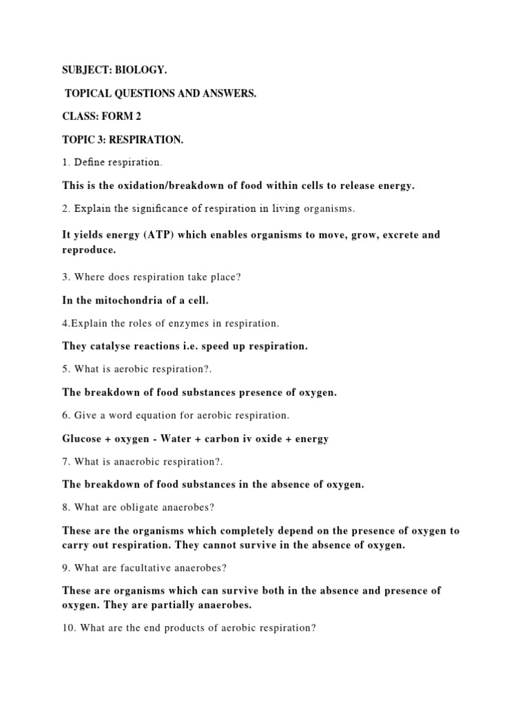 4296 Form 2 Biology Topical Questions and Answers On Respiration | PDF ...