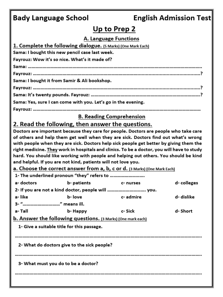 Admission Test Up To Prep 2 | PDF | Public Services | Health Sciences