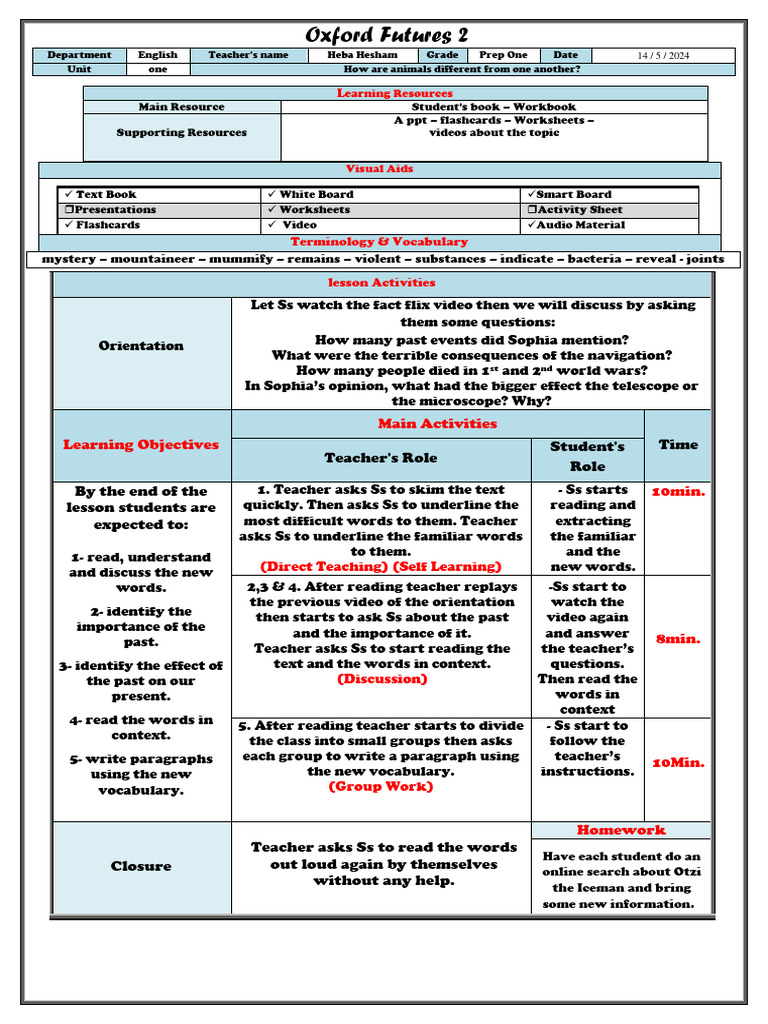 Oxford Futures Unit 2 Lesson 1 Lesson Plan | PDF | Cognition | Learning