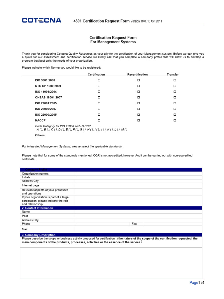 4301 ISO 9 Certification Application Forms | PDF | Iso 9000 | Business