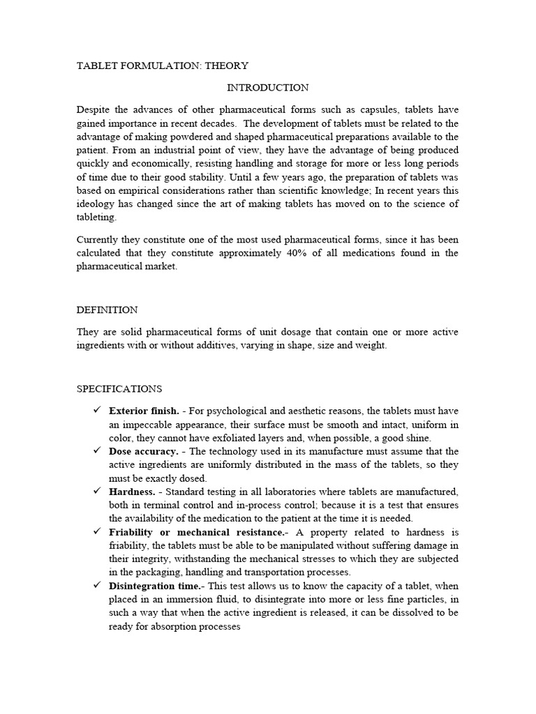 Tablet Formulation | PDF | Tablet (Pharmacy) | Pharmaceutical Formulation