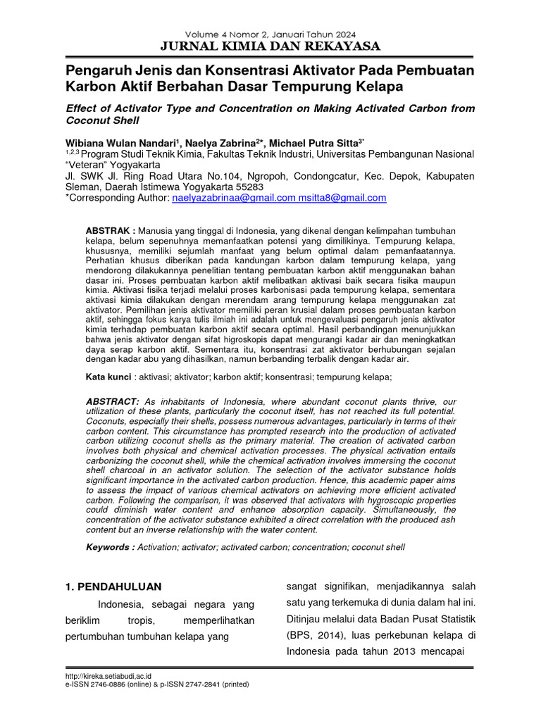 Pengaruh Jenis Dan Konsentrasi Aktivator Pada Pembuatan Karbon Aktif Berbahan Dasar Tempurung ...