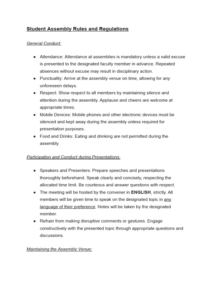 Student Assembly Rules and Regulations | PDF