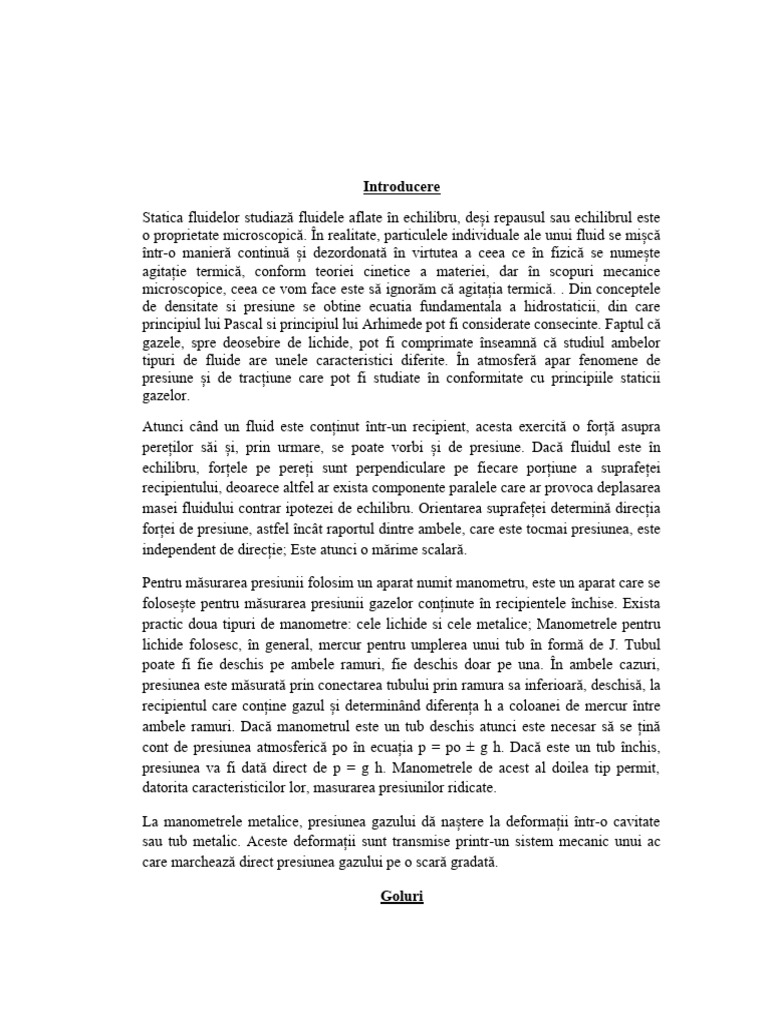 Raport Privind Statica Fluidelor | PDF