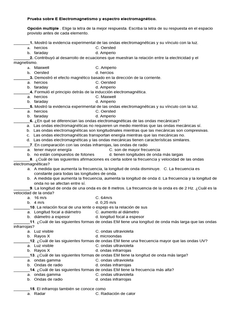 Quiz Sobre Electromagnetismo y Espectro Electromagnético | PDF | Radiación electromagnética ...