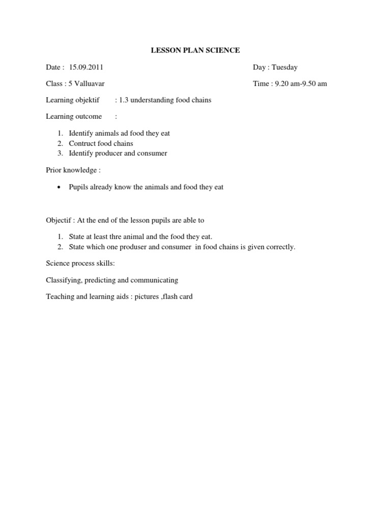 Lesson Plan Science (Food Chain) | PDF