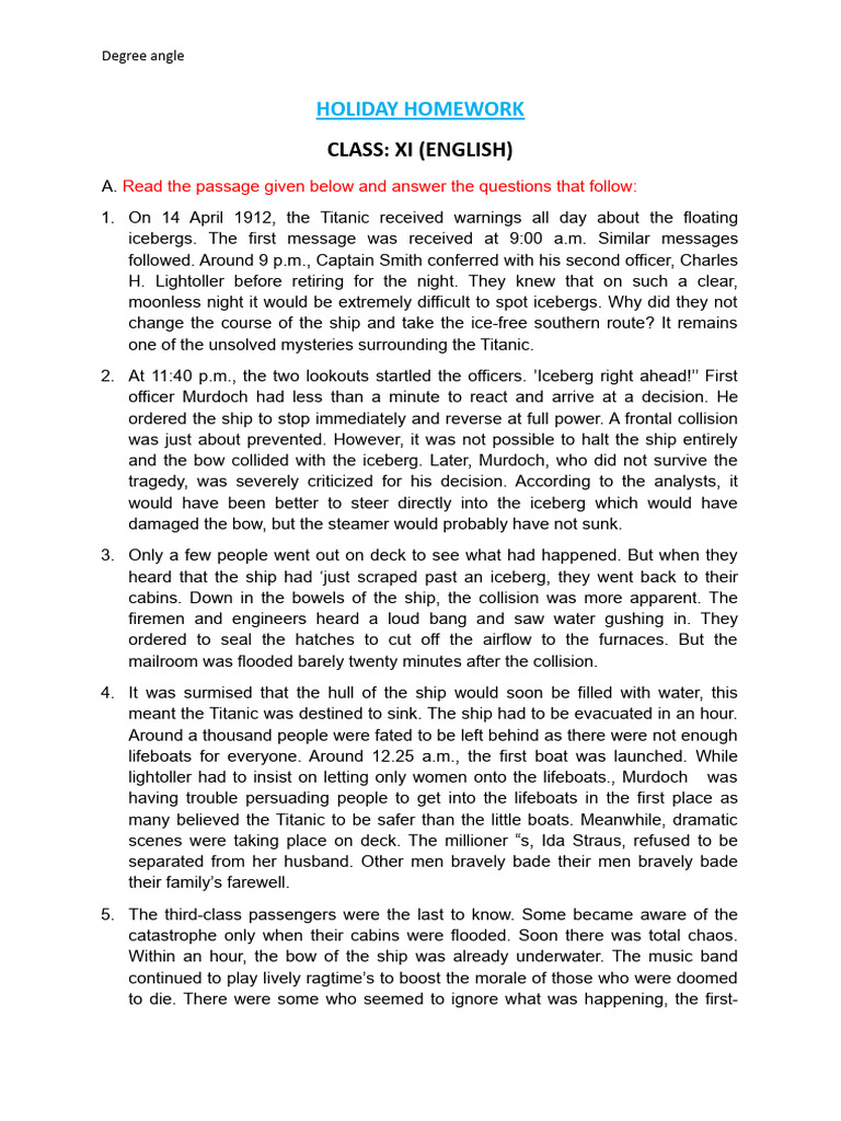 Class Xi Holiday Homework 2024-25 | PDF | Travel