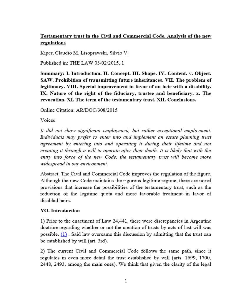 Testamentary Trusts: New Civil Code Insights | PDF | Will And Testament ...