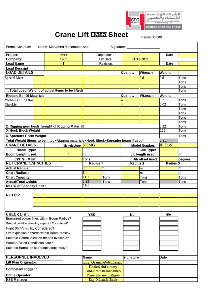 8 - Crane Lifting Data Sheet Updated 09 | PDF | Crane (Machine) | Rigging