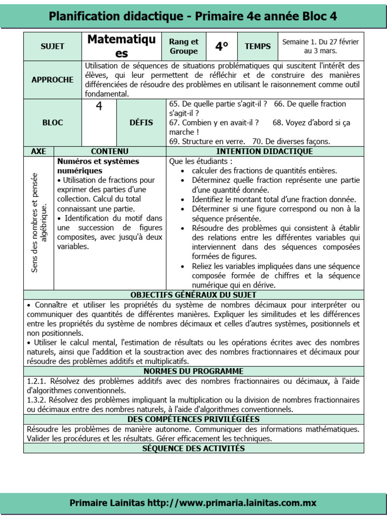 Mathématiques 4e Année : Fractions et Séquences | PDF | Nombre | Division
