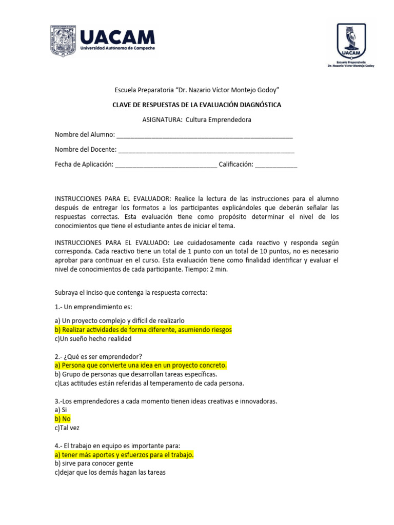 Clave de Respuestas de Evaluacion Diagnostica | PDF | Iniciativa ...