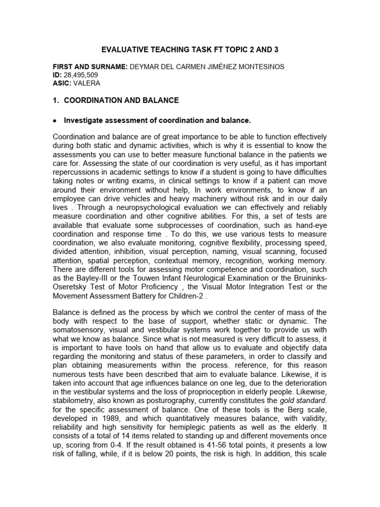 Coordination And Balance Assessment Deymar Jimenez Pdf Balance