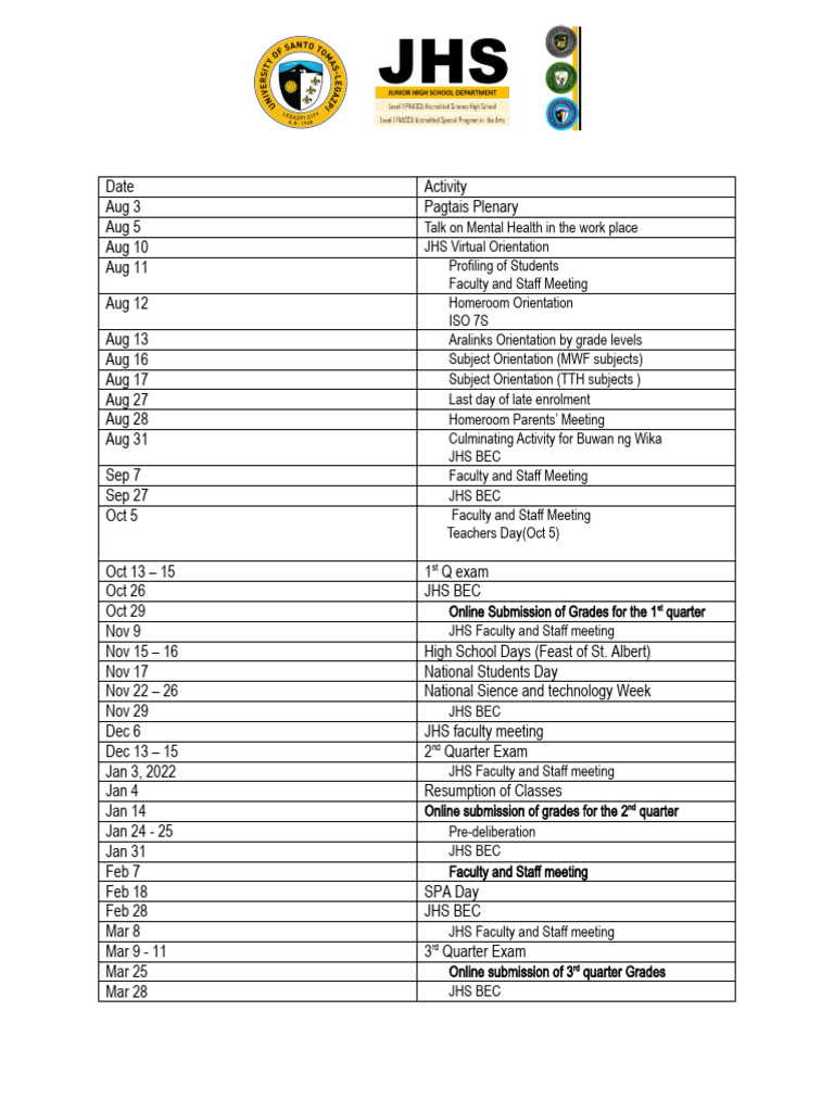 JHS Calendar of Activities SY 2021 2022 Summary | PDF