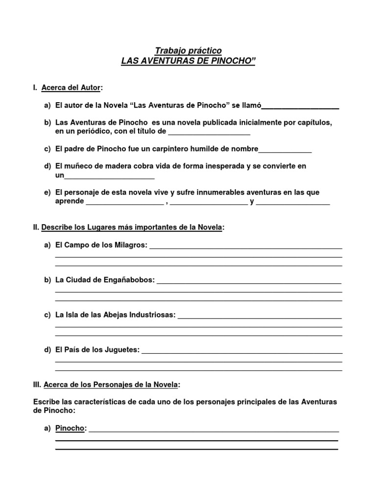 Actividades sobre Las Aventuras de Pinocho | PDF | Pinocho