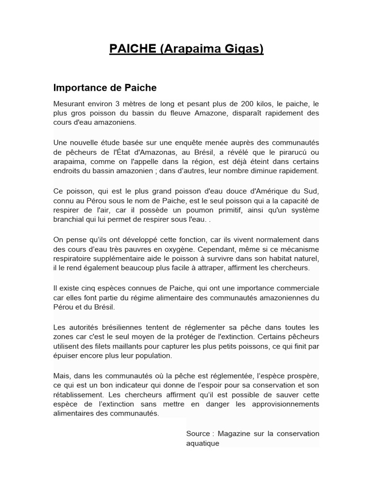 Conservation et exportation du Paiche | PDF | Poisson