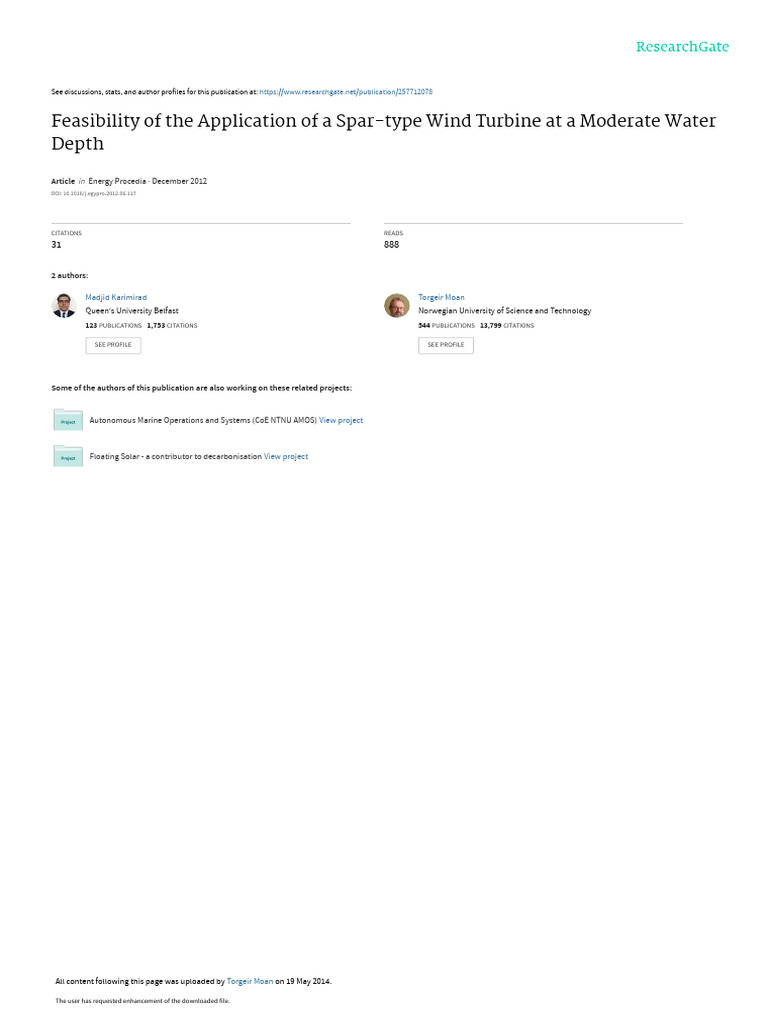 Feasibility of The Application of A Spar-Type Wind | PDF | Bending | Force