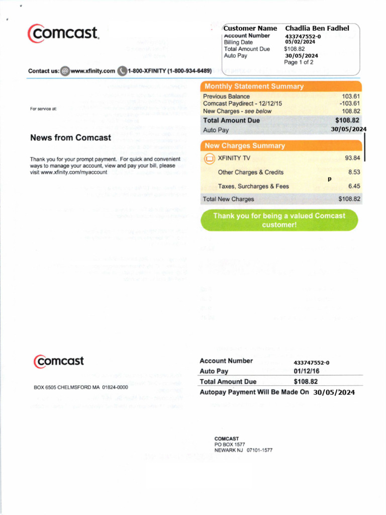 Xfinity Bill Template | PDF | Telecommunications | Information And ...