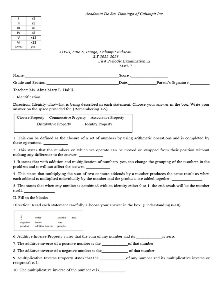 FIRST-Periodic-EXAMINATION-IN-MATH 7 | PDF | Numbers | Multiplication