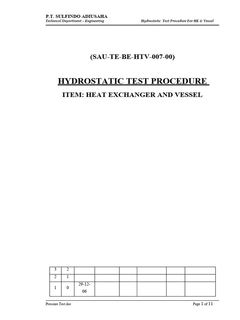 Hydrostatic Test Procedure For Vessel-BHTV006 | PDF | Leak | Pressure