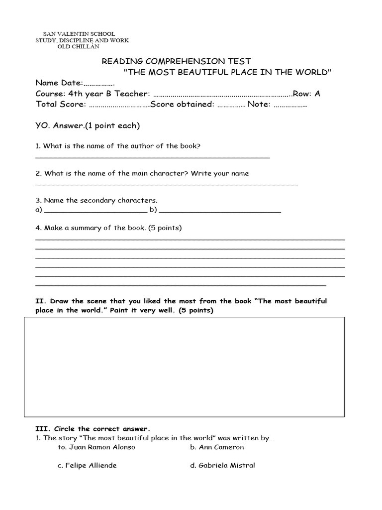 4th Year Reading Comprehension Test | PDF